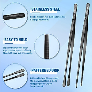 CATTOMBEEG Long Tweezers 12 Inch – Cooking Tweezers Black Stainless Steel Kitchen Tweezers Tongs For Cooking, BBQ Cooking Tongs, Pet Feeding, Repairing, Arts And Crafts - Pack of 2