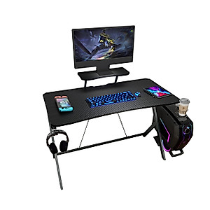 DEILALY 45IN Gaming Desk Gamer Table Carbon Fiber Surface Computer Table Gamer Desk with Monitor Shelf Office Home Study Desk Work PC Table Steel Legs Corner Desk Black