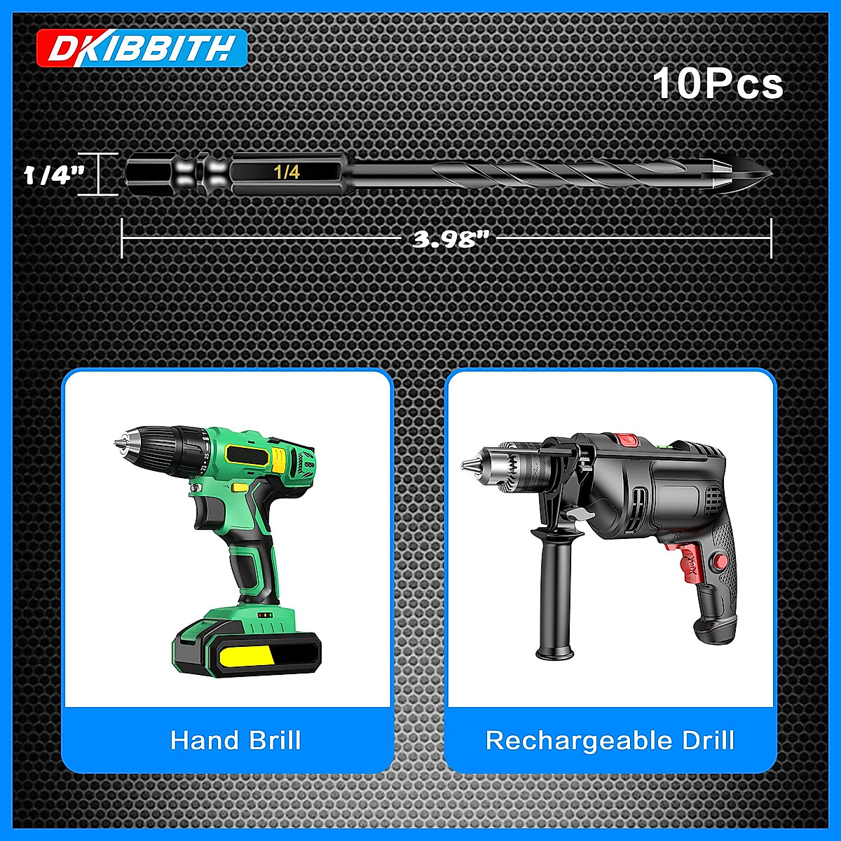 10 Pack 1/4" Concrete Drill Bits, Masonry Drill Bit Set, 6mm Tungsten Carbide Drill Bit Set for Tile/Ceramic/Glass/Mirror/Brick/Plastic/Cement, 1/4" Quick Change Hex Shank, in Carrying Case