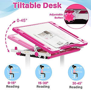 Ruesleag Kids Desk Chair Set,Children’s Study Desk Multi-Func Height Adjustable Desk and Chair School Writing Computer Table w/Pull Out Drawer Storage 45°Tilted Desktop for School Home Boys&Girls,Pink