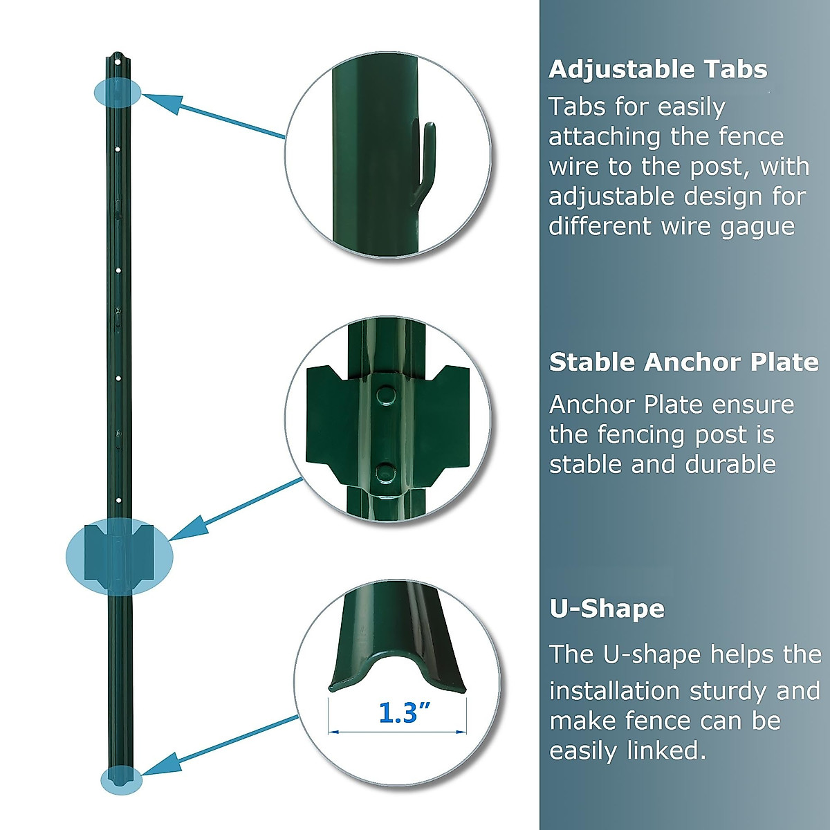 MTB Metal Fence Post Fence U Post Green 4 Feet, Pack of 5, for Garden Wire Fence U-Channel Steel Garden Post Sign Post
