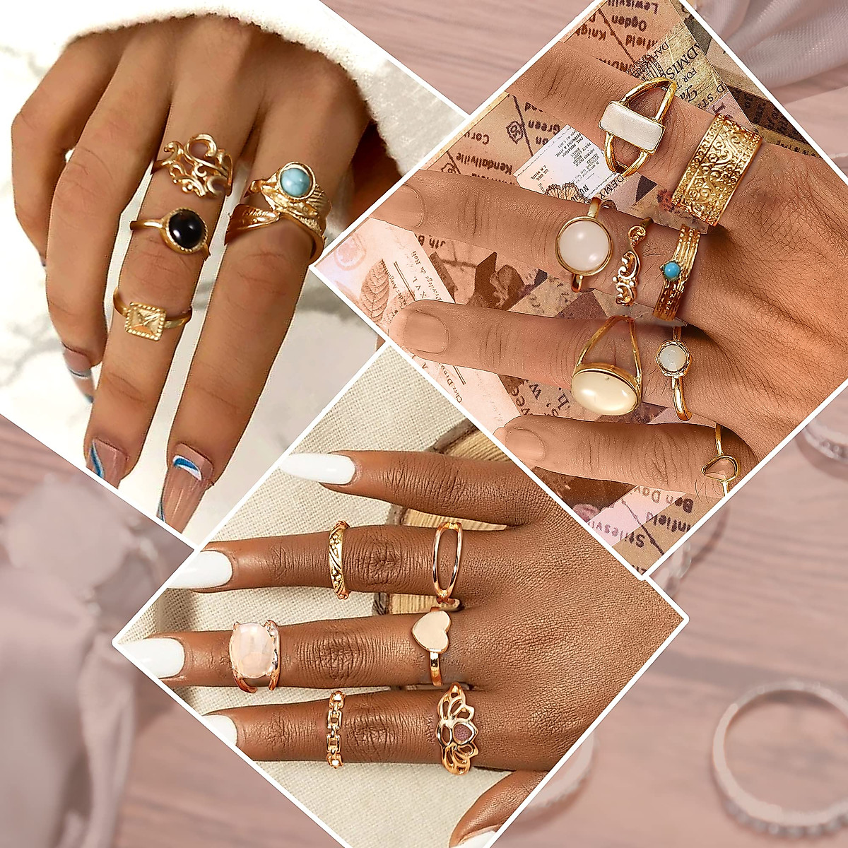 Subiceto 70 Pcs Vintage Crystal Ring Set Silver Knuckle Rings for Women Bohemian Stackable Joint Rings Retro Boho Stacking Joint Finger Rings Pack Gold