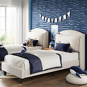 LIKIMIO Twin Size Bed Frame, Velvet Upholstered Twin Bed with Fabric Headboard Modern Wingback Bed Sofa-Style Cushions, No Box Spring Needed, Easy to Assemble, White