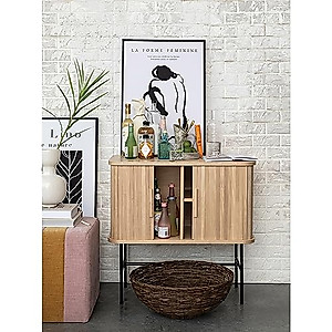 Bloomingville, Natural Wood and Metal Cabinet with Sliding Doors and 3 Storage Compartments, Black