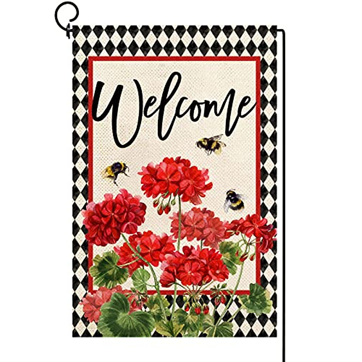 Baccessor Spring Summer Geranium Welcome Garden Flag Double Sided Summer Bee Red Floral Buffalo Plaid Small Burlap Yard Flag House Seasonal Farmhouse Outside Outdoor Decoration 12.5 x 18 Inch
