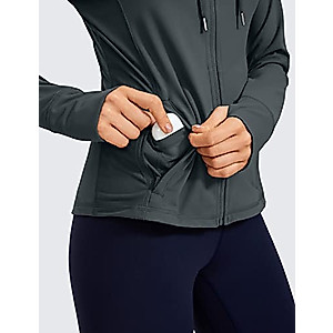 CRZ YOGA Women's Brushed Full Zip Hoodie Jacket Sportswear Hooded Workout Track Running Jacket with Zip Pockets Carbon Gray Medium