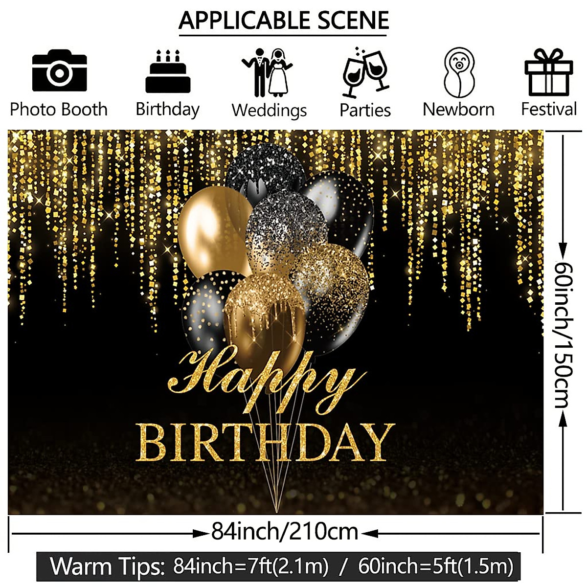 ASOONYUM 7x5ft Happy Birthday Backdrop Black Gold Glitter Bokeh Balloons Happy Birthday Banner for Women Girl 21st 40th 50th Sweet 16th Themed Birthday Party Decorations Golden Sequin Spots Background