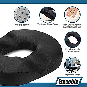 Emoobin Donut Pillow Hemorrhoid Tailbone Cushion - Orthopedic Pain Relief Pillow for Pregnancy, Coccyx, Bed Sores, Post Natal, Sciatica,18 Inches Black