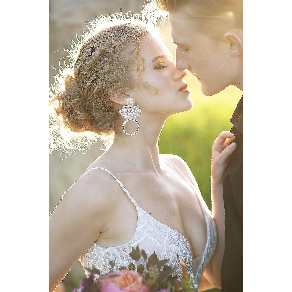 Rhinestone Wedding Bridal Earrings for Women Handmade Wedding Diamond Ring Beaded Drop Earrings Fun Statement Engagement Ring Dangle Earrings Bachelorette Party Jewelry Gifts