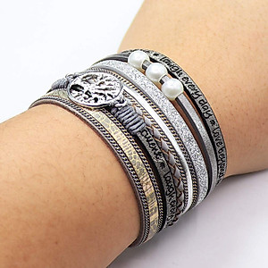 KSQS Tree of Life Multilayer Leather Wrap Bracelets，Boho Pearl Gorgeous Cuff Bracelet with Magnetic Buckle,Casual Bangle for Women