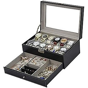 Tebery 12-Slot Watch Box Case Lockable with Glass Lid, 2 Layers Watch Holder Organizer Display with 1 Drawer for Rings and Bracelets, Gift For Boyfriend Fathers Day Birthday Gifts (Black)