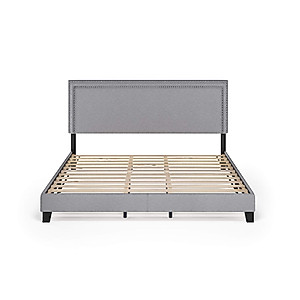 Furinno Laval Double Row Nail Head Upholstered Platform Bed Frame, King, Glacier