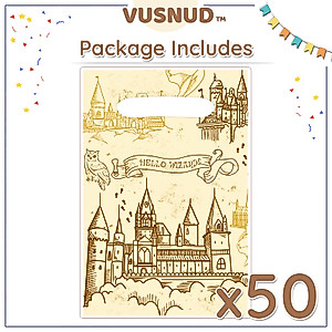 Vusnud 50Pcs Wizard Themed Candy Goodie Treat Plastic Bags for Wizard Themed Birthday Baby Shower Party Decorations