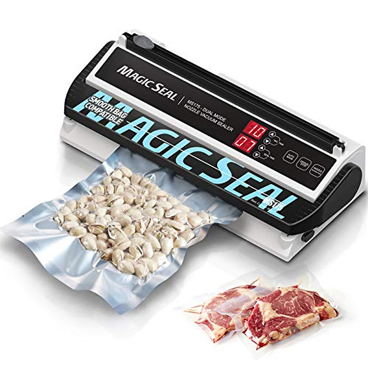 Magic Seal MS175 Vacuum Sealer Machine for Food Preservation, Nozzle Type, Compatible with Smooth Flat Bags or Mylar Bags, Extra-Wide Bar, Adjustable Vacuum and Sealing Time, Automatic and Manual Mode