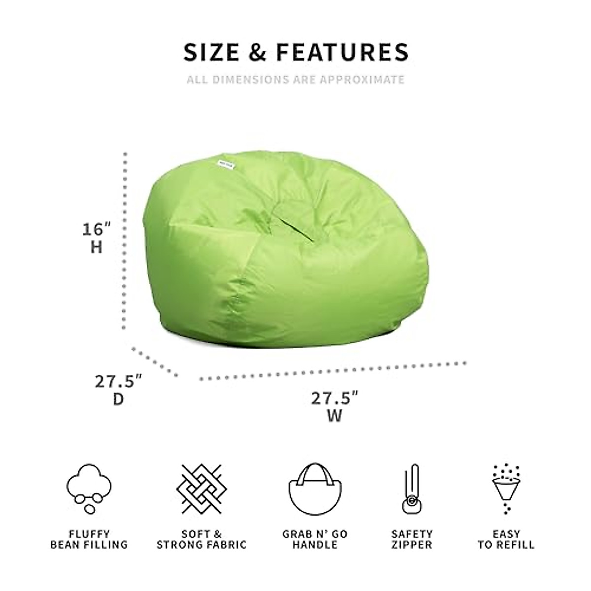 Big Joe Classic Bean Bag Chair, Spicy Lime Smartmax, Durable Polyester Nylon Blend, 2 feet Round