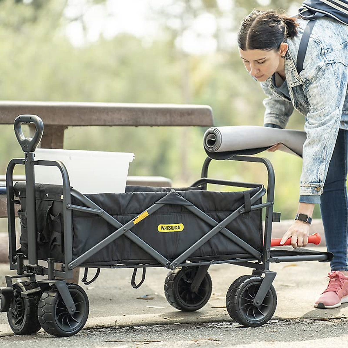 WHITSUNDAY Collapsible Folding Garden Outdoor Park Utility Wagon Picnic Camping Cart with 8“ Bearing Fat Wheel and Brake (Standard Size(Plus+) 8" Wheels with Tailgate (Beige)