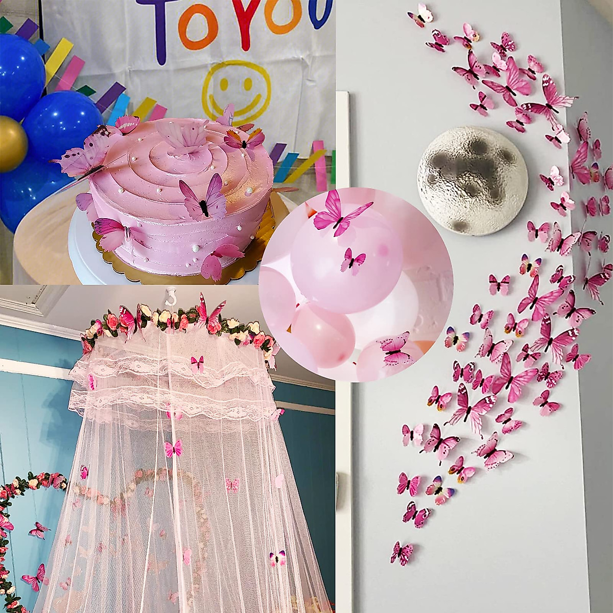 Ewong 72PCS Butterfly Wall Decals 3D Butterflies Wall Art Craft Decor Removable Mural Sticker Home Kid Girl Bedroom Bathroom Baby Room Nursery Classroom Office Party Decoration (Pink)