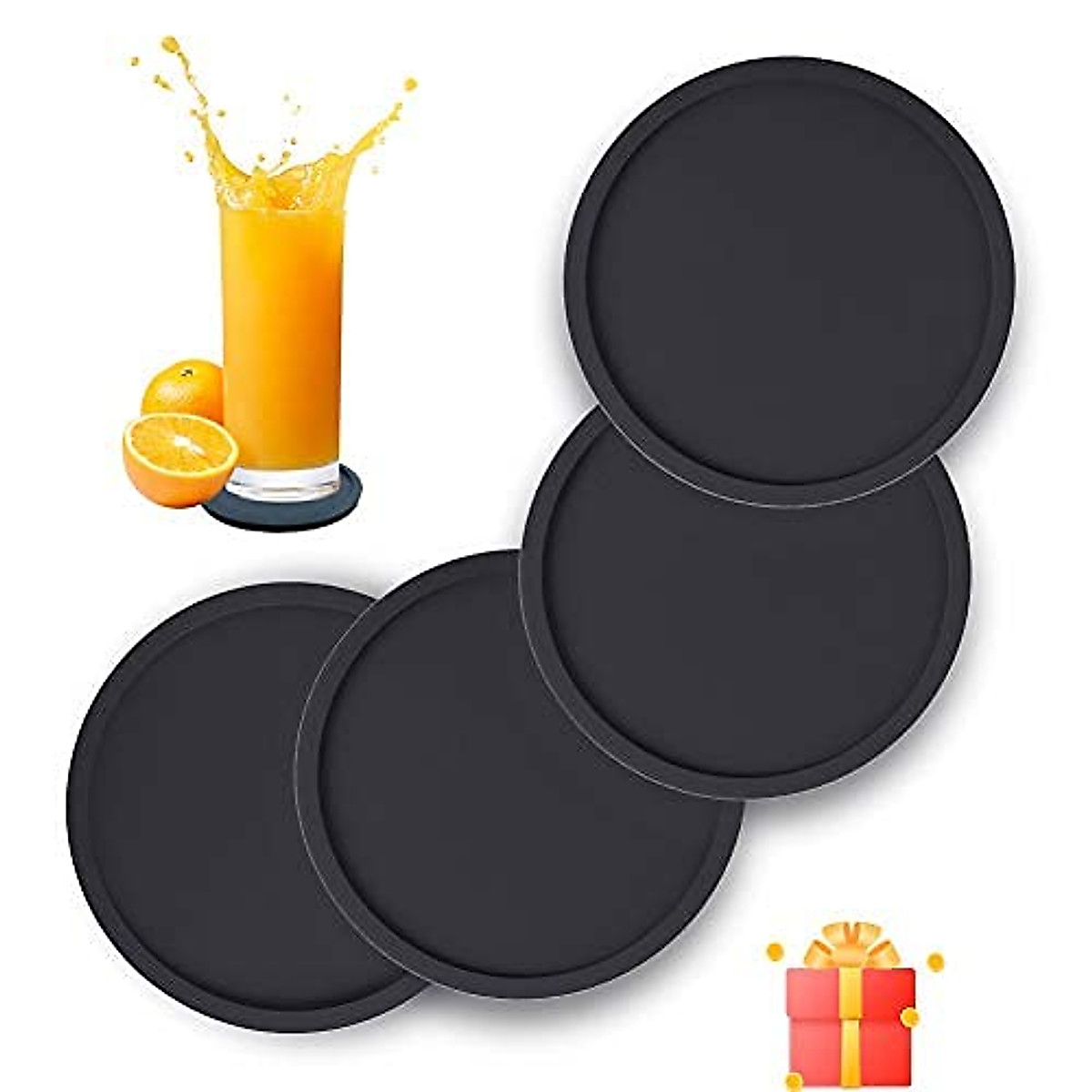 Silicone Drink Coasters Set of 4, Non-Slip Cup Coasters, Heat Resistant Cup Mate, Soft Coaster for Tabletope Protection, Furniture from Damage (Black)