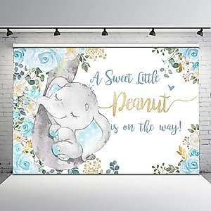 Avezano Boy Elephant Baby Shower Backdrop Blue Floral Rpse Jungle Elephant Baby Shower Background Vinyl Blue and Gold Elephant Baby Shower Party Decorations Backdrops for Boys (8x6)