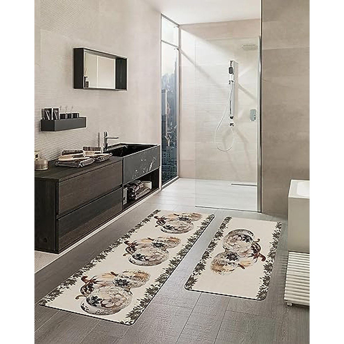 Farmhouse Thanksgiving Bath Mat for Tub,Non Slip Bathroom Floor Runner Rug Quick Dry & Absorbent Diatomaceous Earth Shower Sink Kitchen Washable Doormat,European Pumpkins Gold Floral Leaf 16x24+16x47