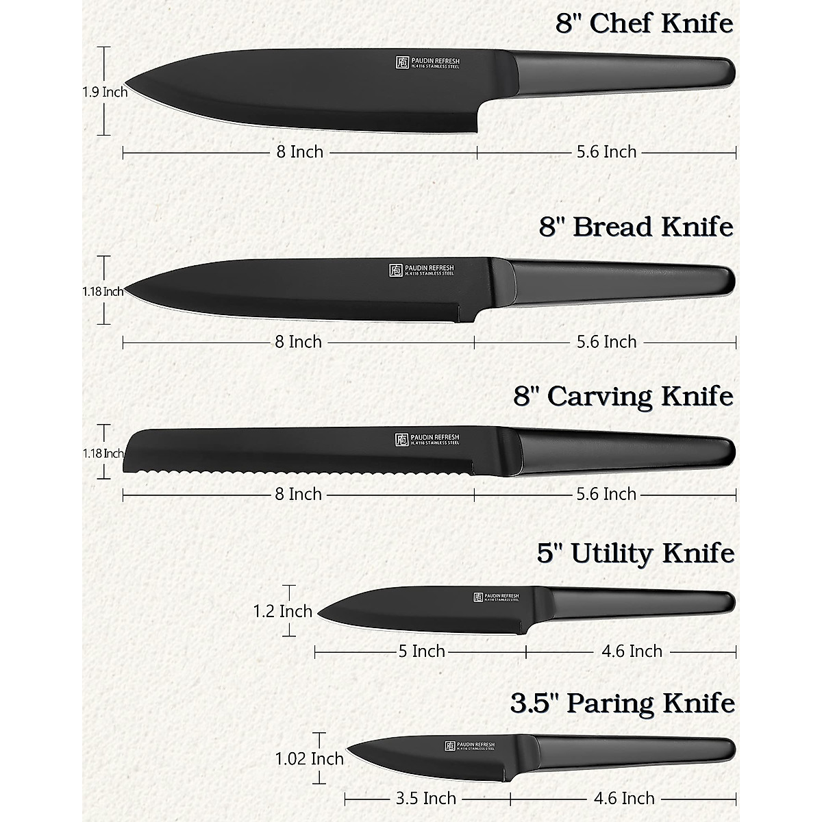 PAUDIN Knives Set, 5 Piece Professional Chefs Knife Set, Stainless Steel Kitchen Knives Include Chef Bread Carving Utility Paring Knife Boxed Knife Sets Hollow Handle German Steel