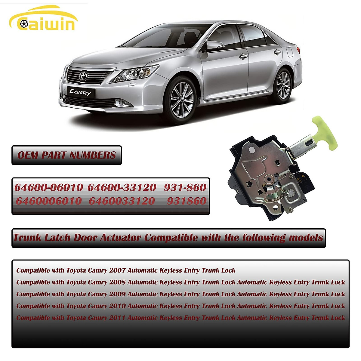 Trunk Lid Latch Lock Actuator with Automatic Keyless Entry Trunk Lock Compatible with Toyota Camry 2007 2008 2009 2010 2011 Replaces 64600-06010, 931-860, 64600-33120