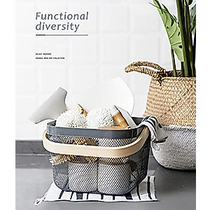 HOJKMA Mesh Steel Storage Organizer Basket, Multi-Functional Metal Wire Hanging Kitchen Baskets Fruit Basket with Bamboo Handle Ideal for Kitchen, Bathroom, Pantry, Cabinet Home, Shopping, Grey