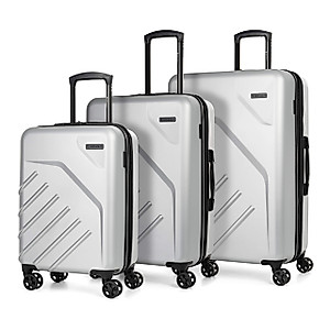 Swiss Mobility LGA Collection 3 Piece Hard Shell Luggage Set, Expandable Suitcases with 360-Degree Spinner Wheels, Retractable Handle, 20 Inch Carry On, 24 Inch Mid-size, 28 Inch Large Bags, Silver