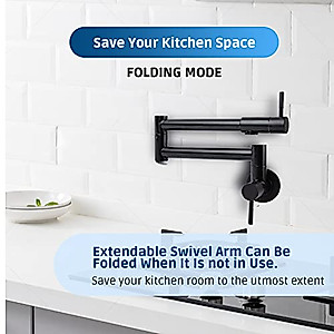 Allkorma Pot Filler Faucet Matte Black, Wall Mount Kitchen Stainless Steel Faucets, 19.7" Folding Stretchable Faucet, 2 Joint Swing Arm with 2 Handles