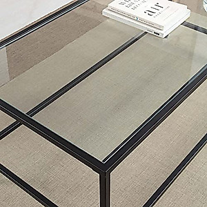 CAWS Black Coffee Table, Tempered Glass Wide Rectangle Coffee Table with Black Metal Frame, Modern Minimalist Center Table for Living Room, Dining Room, Office, Pantry or Outdoor