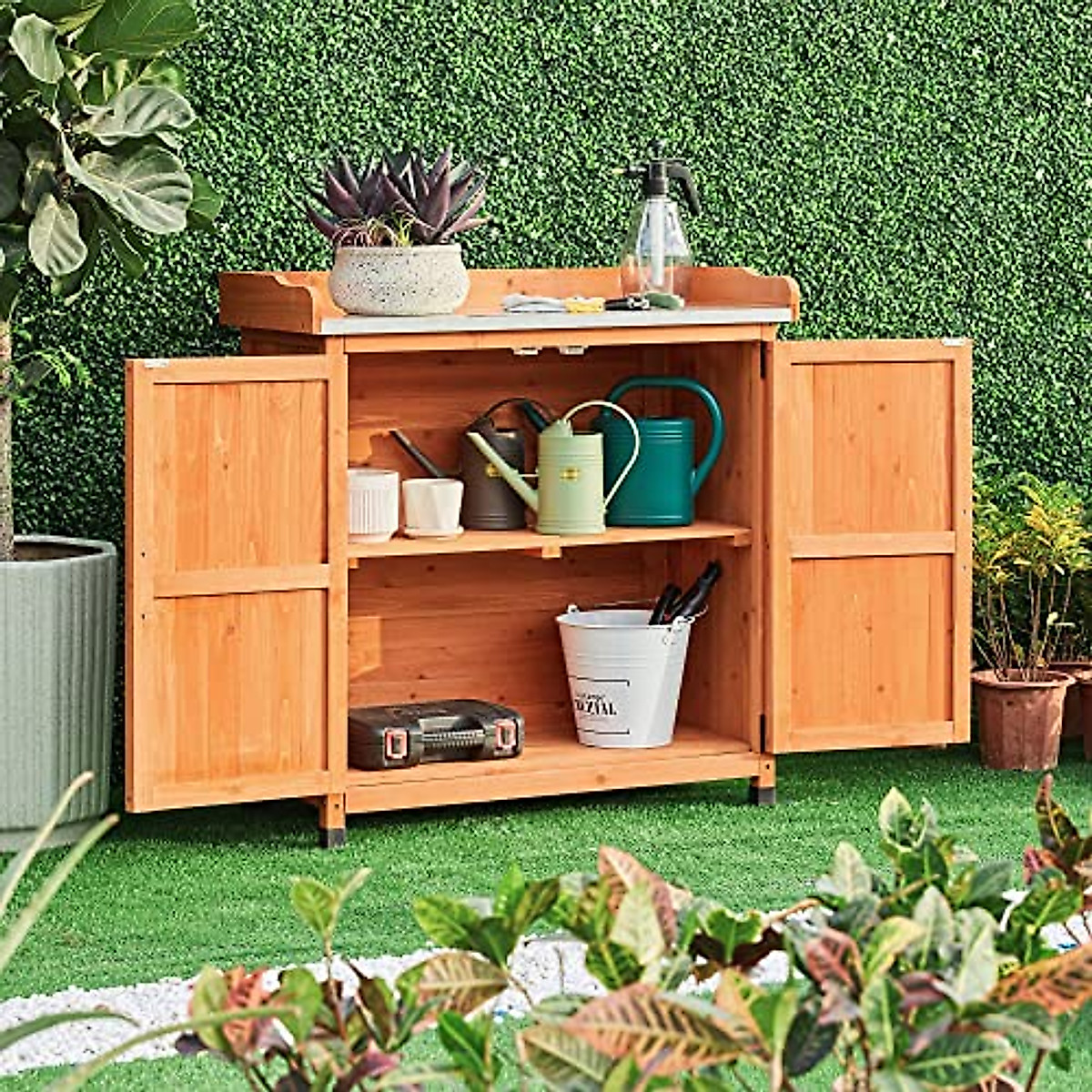 Yaheetech Garden Potting Bench Table - Outdoor Garden Patio Wooden Storage Cabinet & Solid Wood Planting Work Bench with Large Space Storage & Metal-Plated Tabletop, Brown