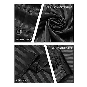 URRU Men's Black Dress Shirt Luxury Dress Shirts Casual Luxury Shiny Silk Long Sleeve Striped Button Down Wedding Shirt Party Prom Shirt Black L