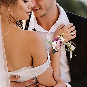 Campsis Wedding Wrist Corsage Bridal Wrist Flower Bride Hand Flower Decor for Bridesmaid Prom Party Homecoming 2 Pcs (Pink Camellia)