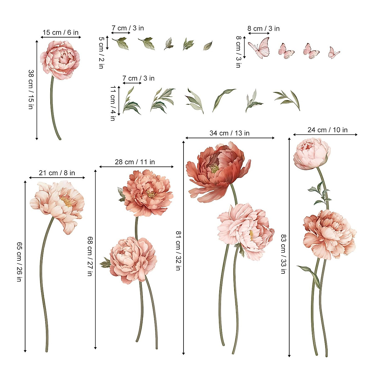 wondever Pink Peony Rose Flower Wall Stickers Boho Floral Peel and Stick Wall Art Decals for Girls Bedroom Living Room TV Wall