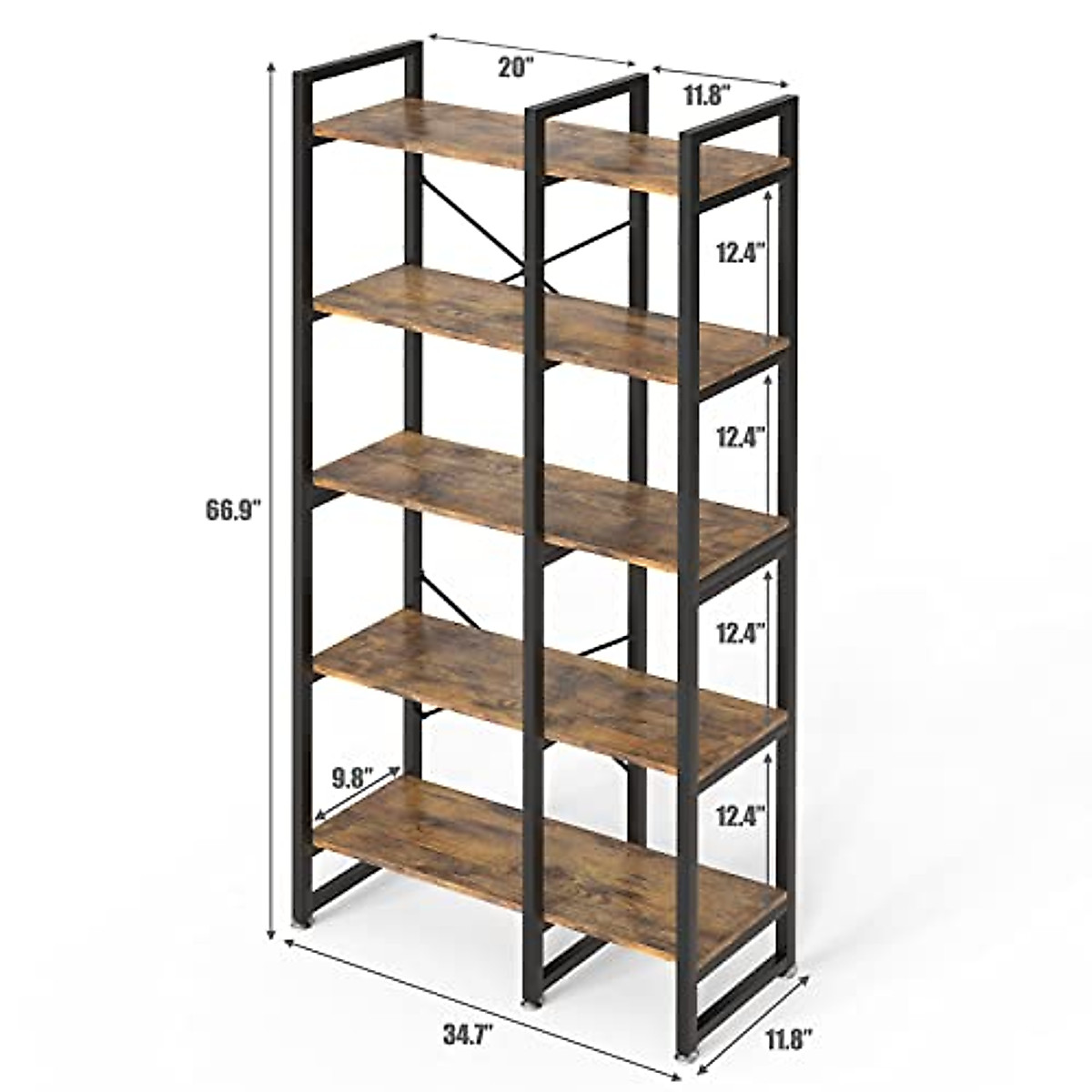 Easyzon 5 Tier Bookshelf and Bookcase, Rustic Industrial Bookshelf, Large Etagere Bookshelf Open Display Shleves with Metal Frame for Living Room Bedroom Home Office