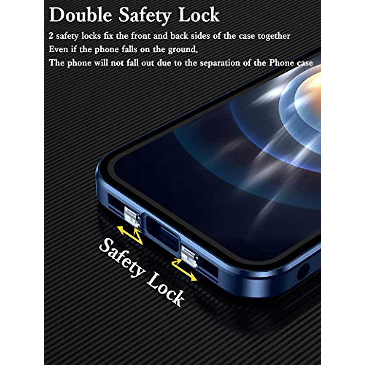 Disonbeir Lockable iPhone 12 Pro Max Anti-Peeping Case with Camera Lens Protector Privacy Screen Protector Strap Hole Aluminum Alloy Metal Bumper Case Double Lock Glass Case Cover (12ProMax, Blue)