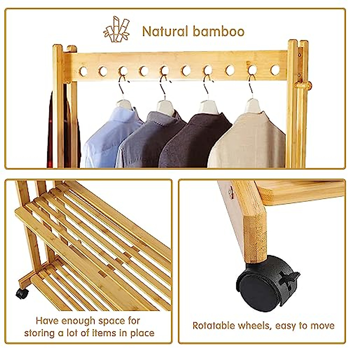 INTOBOO Bamboo Garment Rack, Clothes Hanging Rack with 2 Tier Storage Shelves, Heavy Duty Clothing Rack & Storage Organizer, Movable & Easy to Assemble