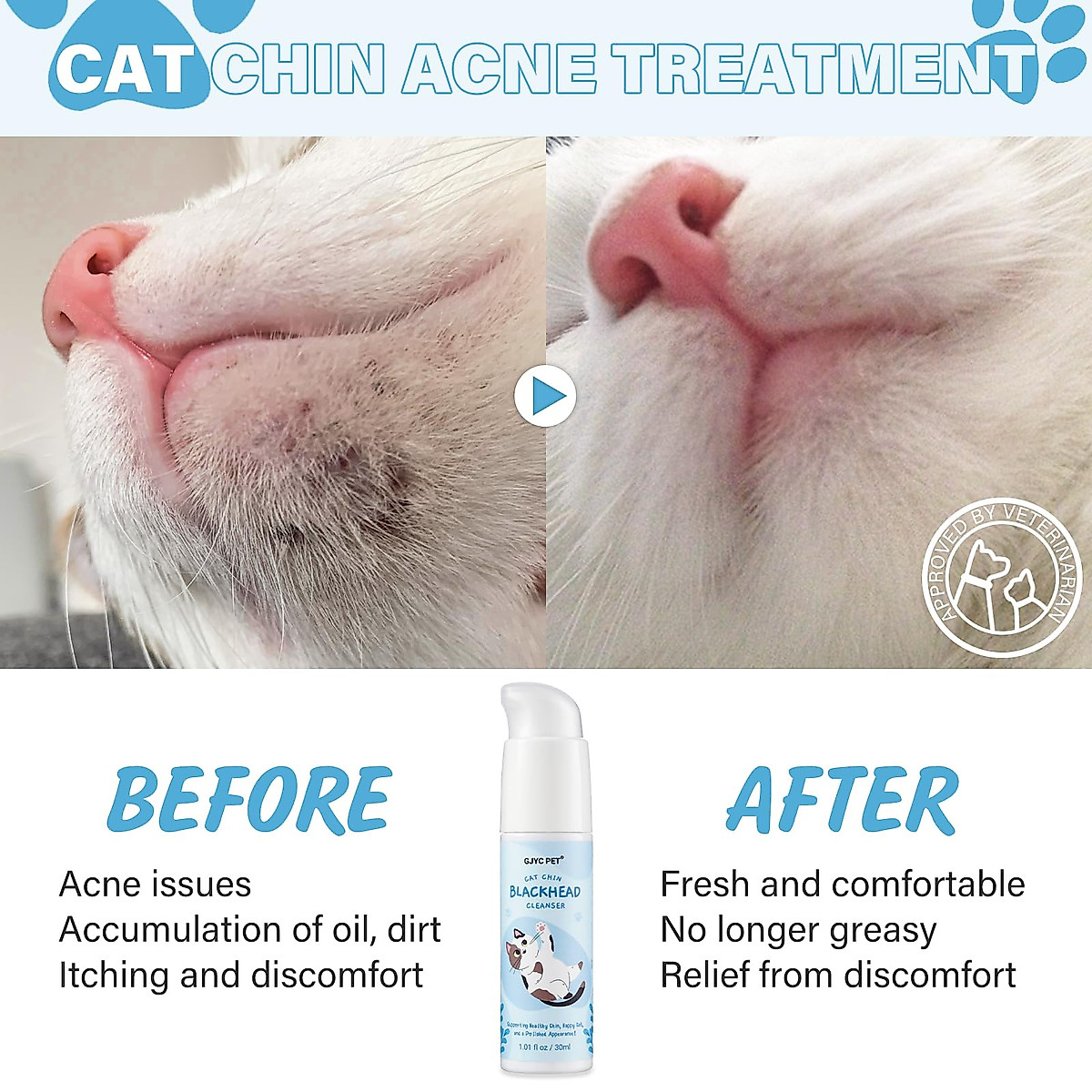 GJYC PET Cat Chin Acne Care Kit - Gently Removes Cat Chin Blackheads, Equipped with Cleansing Brush, Cruelty-Free, Nurtures Cat's Chin Softness and Freshness, 1.01 fl. oz