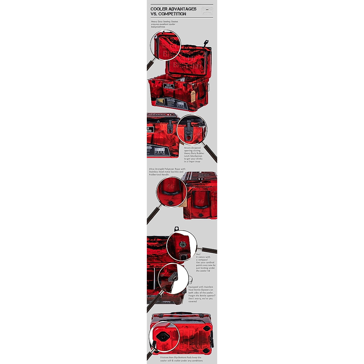 COLD BASTARD COOLERS 45QT Cold Bastard Rugged+ CAMO Red Best Premium Ice Chest Cooler Accessories Free S&H, CB45-CR