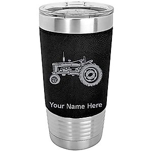 LaserGram 20oz Vacuum Insulated Tumbler Mug, Old Farm Tractor, Personalized Engraving Included (Faux Leather, Black)