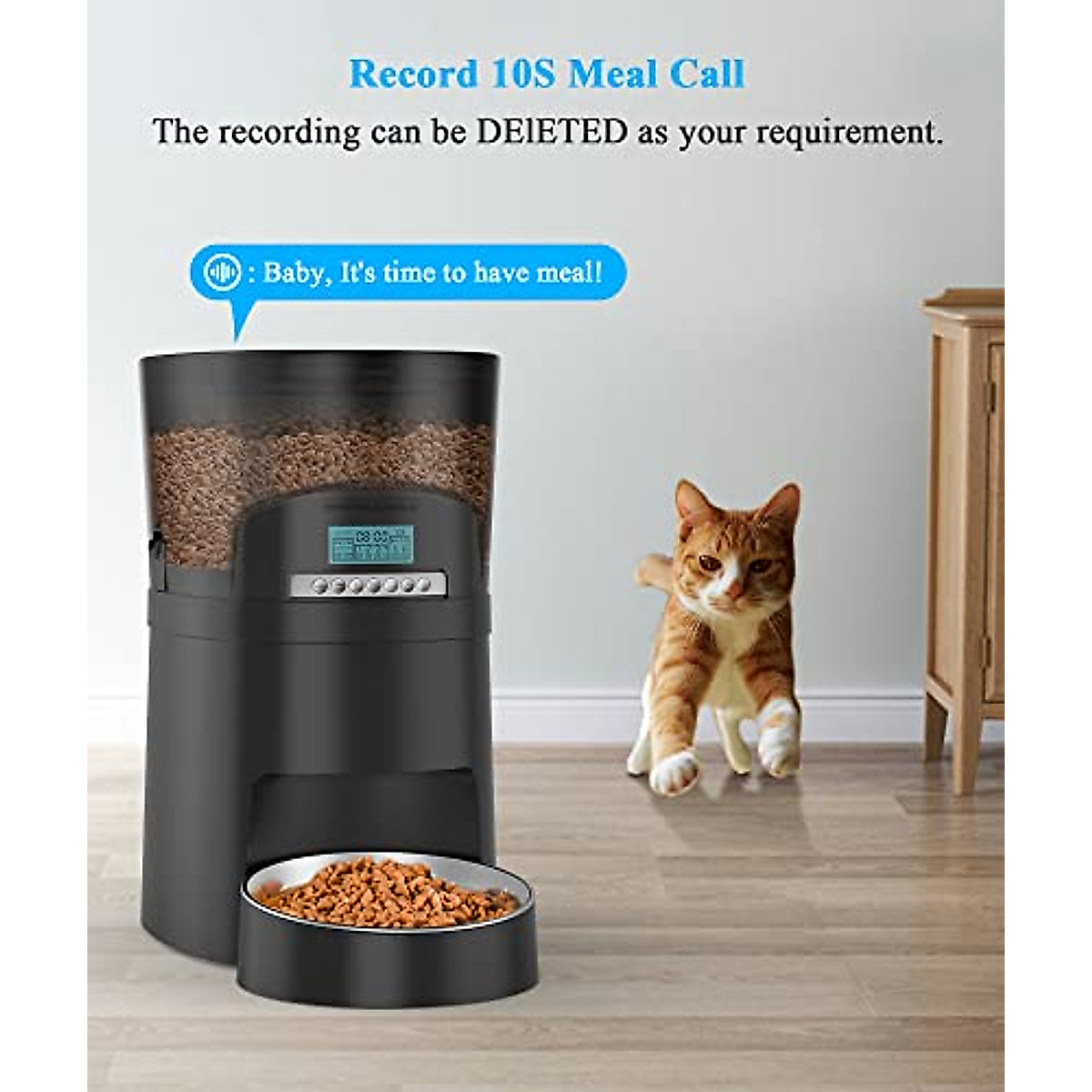 Cat Feeder, HoneyGuaridan 4.5L Automatic Pet Feeder for Dogs Food Dispenser Auto Cat Feeder – 6 Meal Portion Control, Distribution Alarm, Programmable Timer Feeder, Customizable Voice Recorder Black