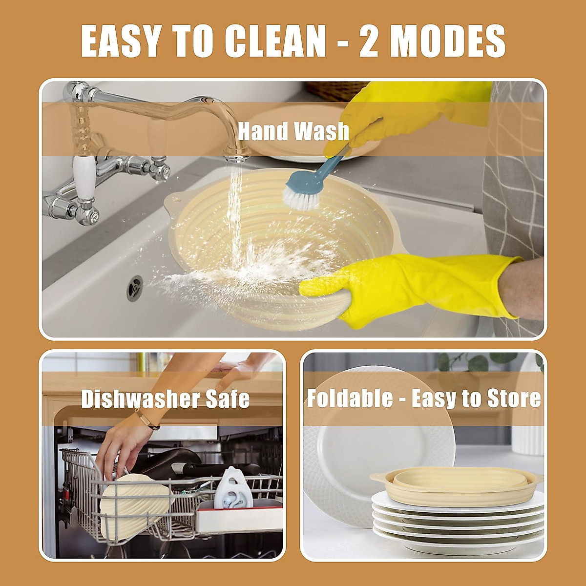 Silicone Banneton Bread Proofing Basket Set Of 2 -Sourdough Bread Baking Supplies, 9 Inch Round & 10 Inch Oval Foldable Bread Bowls, bread basket For Proofing Baskets With Essential Tools - Beige