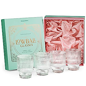 GLASSIQUE CADEAU Vintage Art Deco Ribbed Lowball Cocktail Glasses | Set of 4 | 12 oz Crystal Double Old Fashioned Tumblers for Drinking Classic Whiskey, Gin, Vodka Bar Drinks | Round Glassware