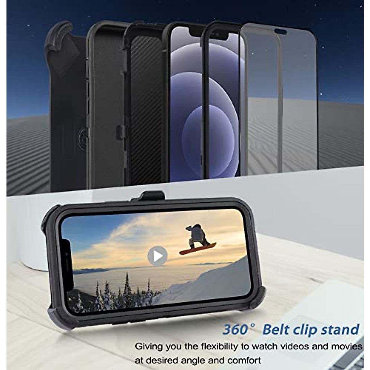 GYJ for iPhone 12/for iPhone 12 Pro Case 6.1" Belt-Clip Kickstand Holster with 2 Screen Protector,Full Body Rugged Heavy Duty Military Grade Shockproof/Drop Protection Cover (Black+Clip)