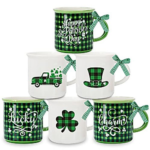 Whaline 6Pcs St. Patrick's Day Mini Coffee Mug with Ribbon Green Black Plaid Shamrock Hat Truck Mini Mug Irish Holiday Tiered Tray Decor for Holiday Table Centerpieces Decor Housewarming Gift