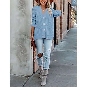 MEROKEETY Women's 2025 Casual Long Sleeve Open Front Cardigan Sweater Solid Color Button V Neck with Pockets,Blue,M