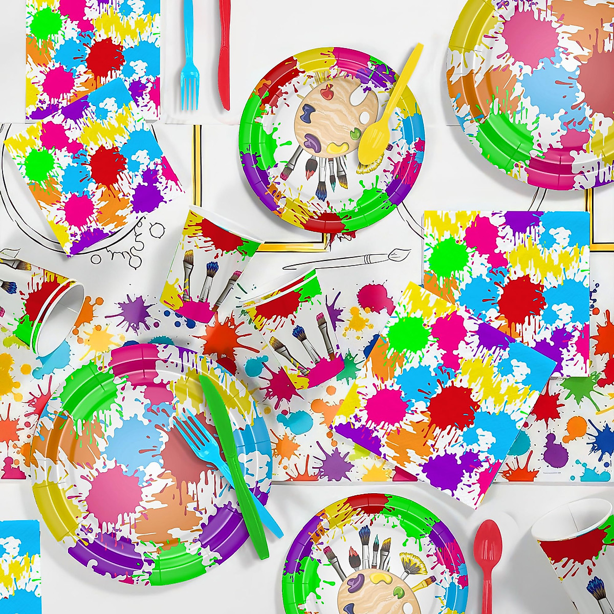 APOWBLS Art Party Decorations Tableware - Paint Party Supplies, Paper Plate, Cup, Napkin, Tablecloth, Cutlery, Art Painting Graffiti Theme Birthday Baby Shower Party Decorations Dinnerware | Serve 24