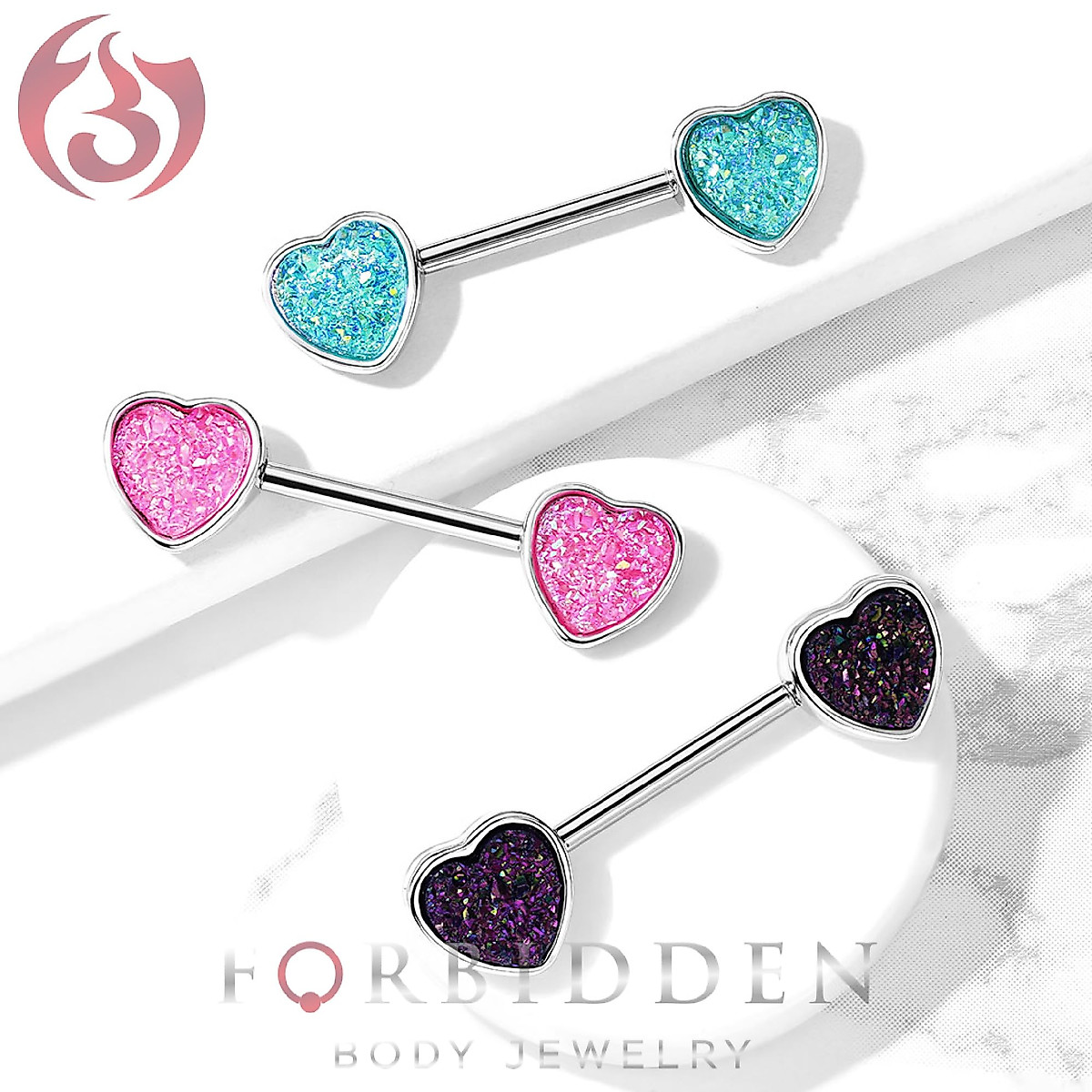Forbidden Body Jewelry Pair of Surgical Steel 9/16 Inch (14mm) Synthetic Druzy Stone Glitter Effect Heart Nipple Barbells, Black