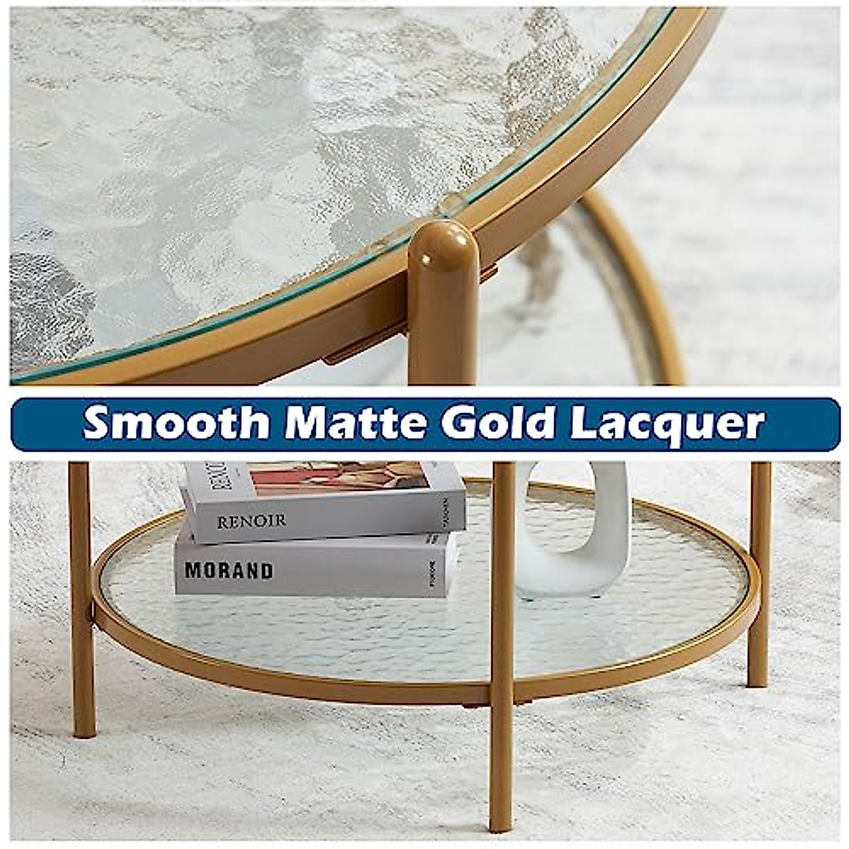 VINGLI 25.6" Small Matte Gold Round Coffee Table Water-Wave Glass Circle Clear Coffee Table, Center Table with 2-Tier Modern Storage Design for Living Room, Bedroom, Meeting Room, Balcony, Patio