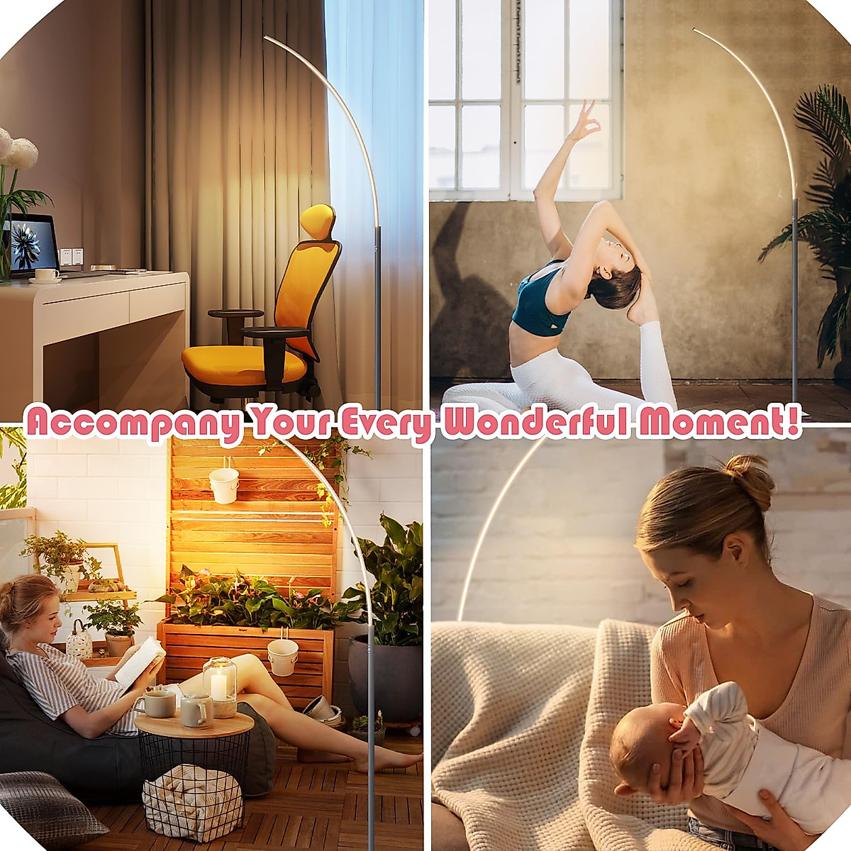 Modern 63" Arc Floor Lamp - Brushed Sliver Standing Lamp for Living Room and Bedroom, Touch Control 3000K Warm Light and 3-Way Dimmable Brightness Grey Lamp, Unique LED Corner Floor Lamp for Couch